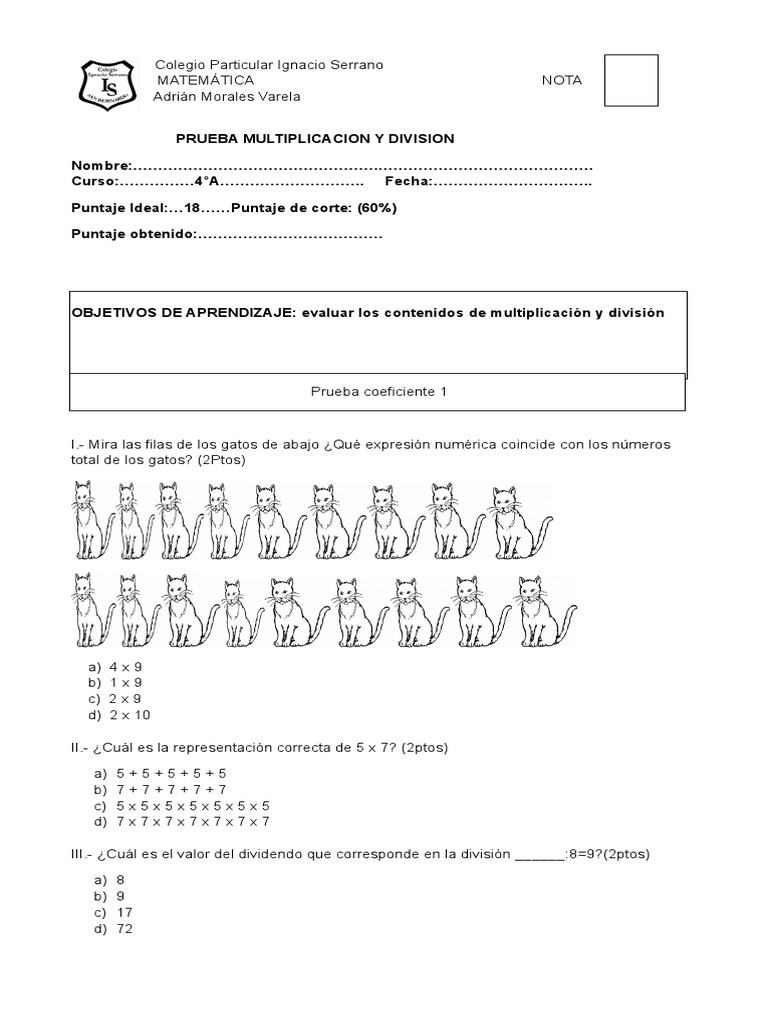 Prueba de Multiplicación y División 4° Básico | PDF