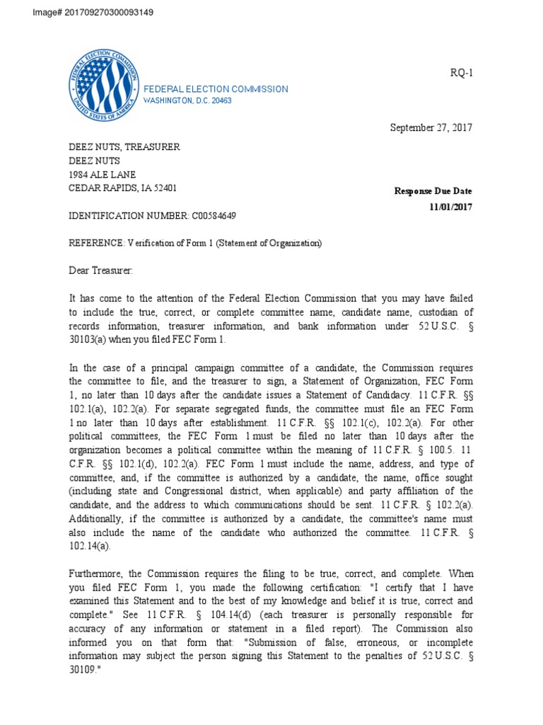 Deez Nuts FEC Letter | PDF | Federal Election Commission | Political ...