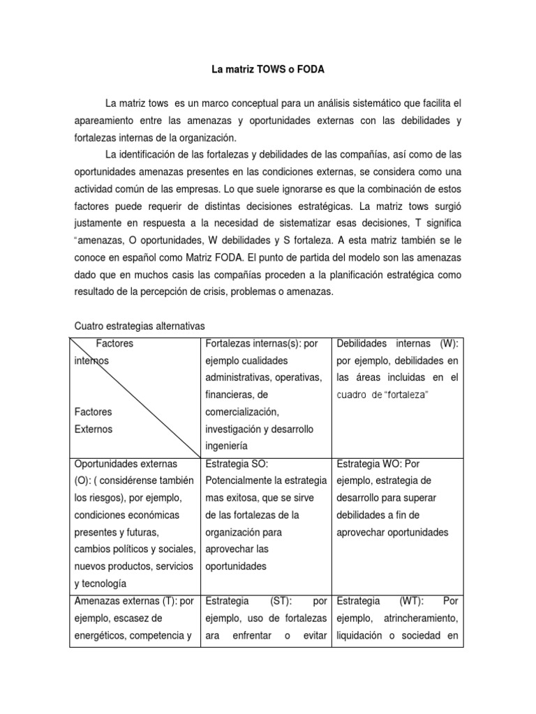 La Matriz Tows o Foda | Descargar gratis PDF | Análisis FODA ...