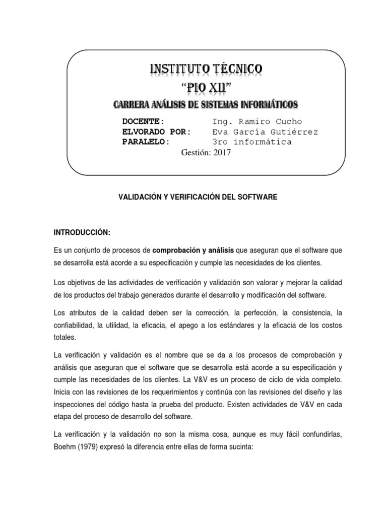 Validación y Verificación Del Software | PDF | Proceso de desarrollo de ...