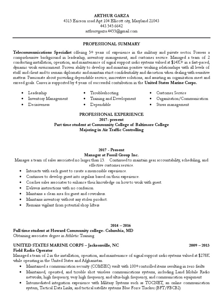 Arthur Garza Resume Final | PDF | Radio | United States Marine Corps