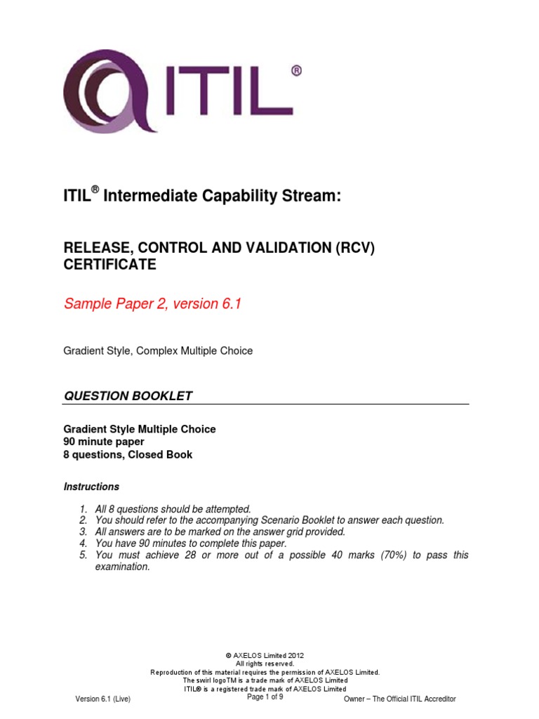 ITIL Intermediate Capability RCVSample2 QUESTION BOOKLET v6.1 | PDF ...