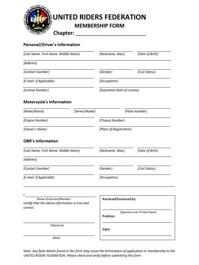 United Riders Federation: Membership Form Chapter | PDF | Road ...