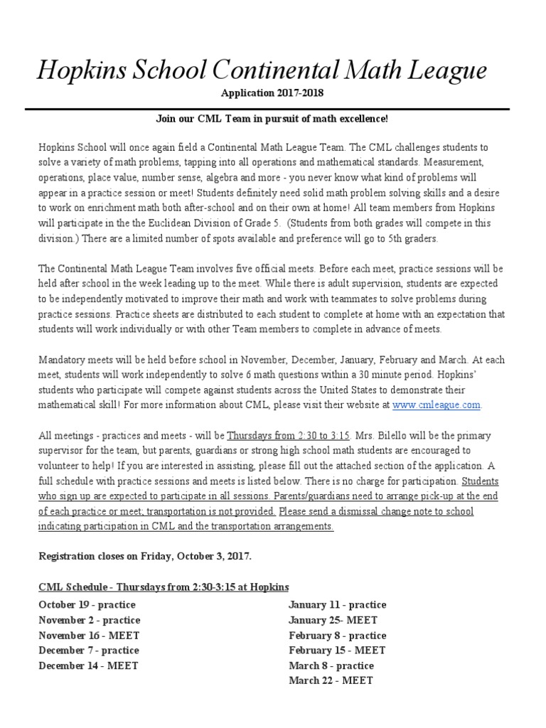 Hopkins School - Continental Math League Application | PDF
