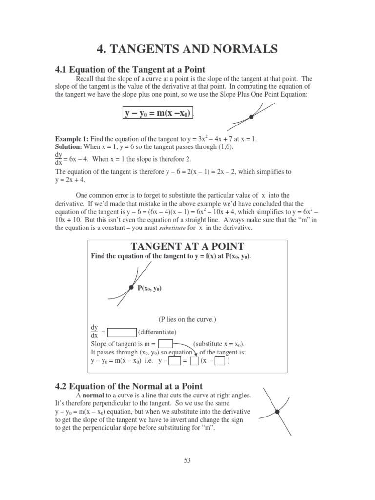 Calculus 01 Tangents and Normals | PDF | Tangent | Slope