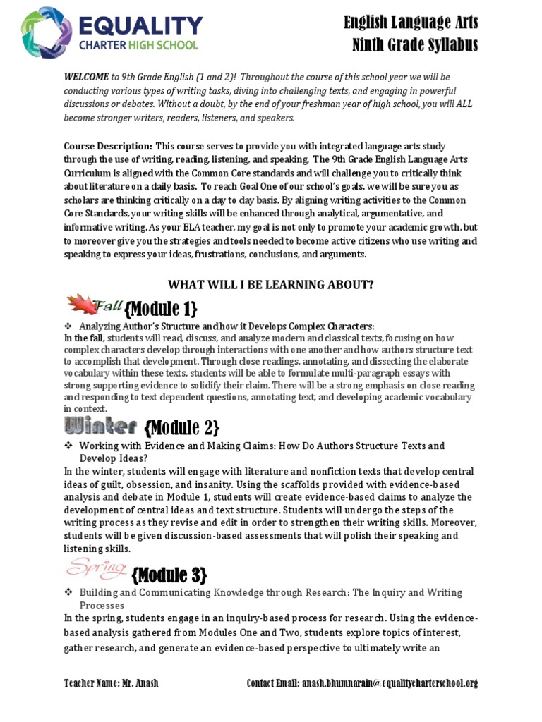 Ela Ninth Grade Syllabus 1 | PDF | Educational Assessment | Reading ...