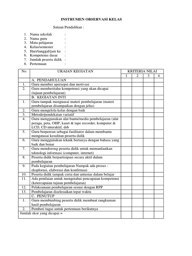 Instrumen Observasi Pembelajaran Kelas | PDF