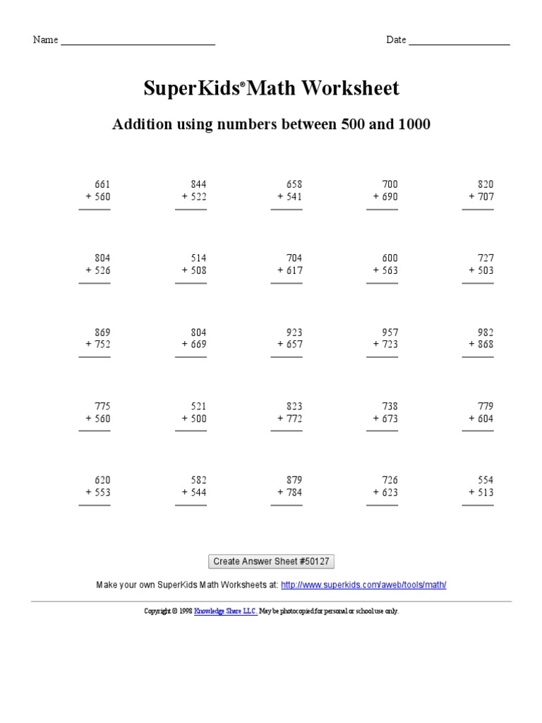 Superkids Math Worksheet: Addition Using Numbers Between 500 and 1000 | PDF