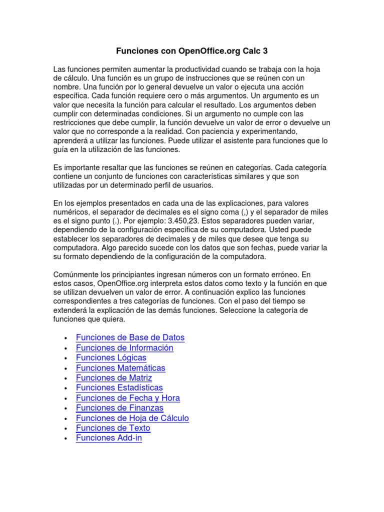 Guía de Funciones en OpenOffice Calc | PDF | Matriz (Matemáticas ...
