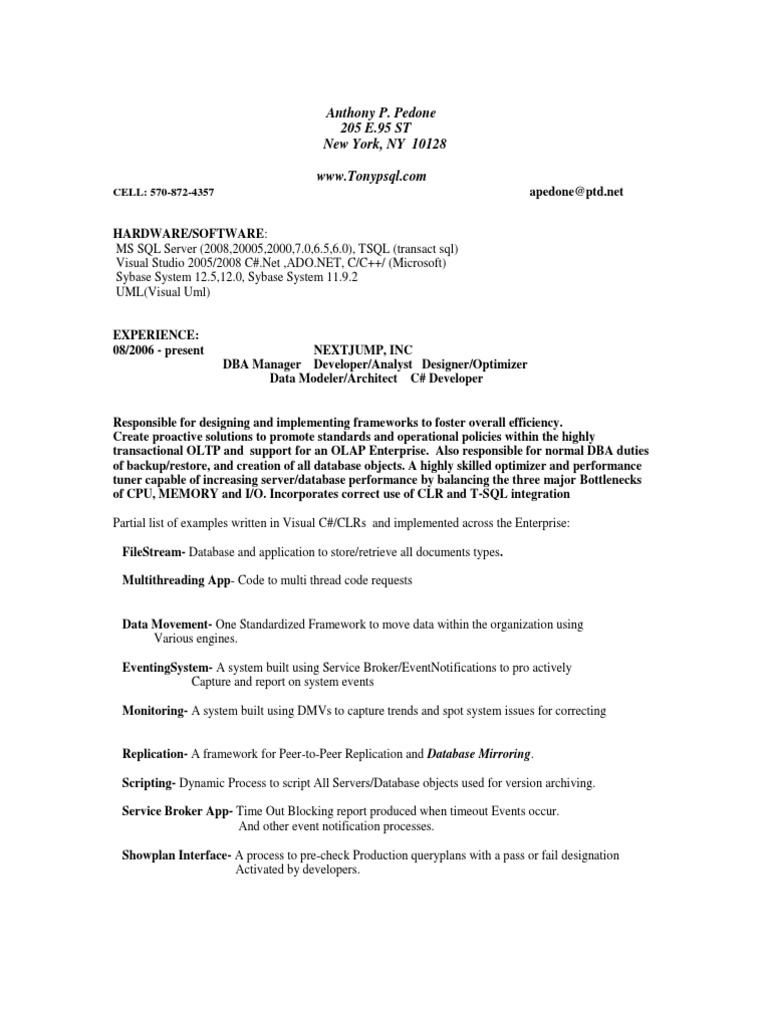 Anthony Pedone Resume | PDF | Microsoft Sql Server | Databases