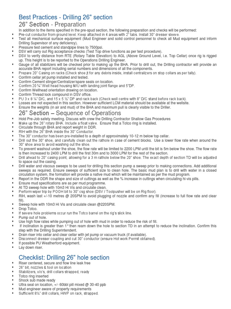 Best Practices for 26" Drilling Operations | PDF | Casing (Borehole ...