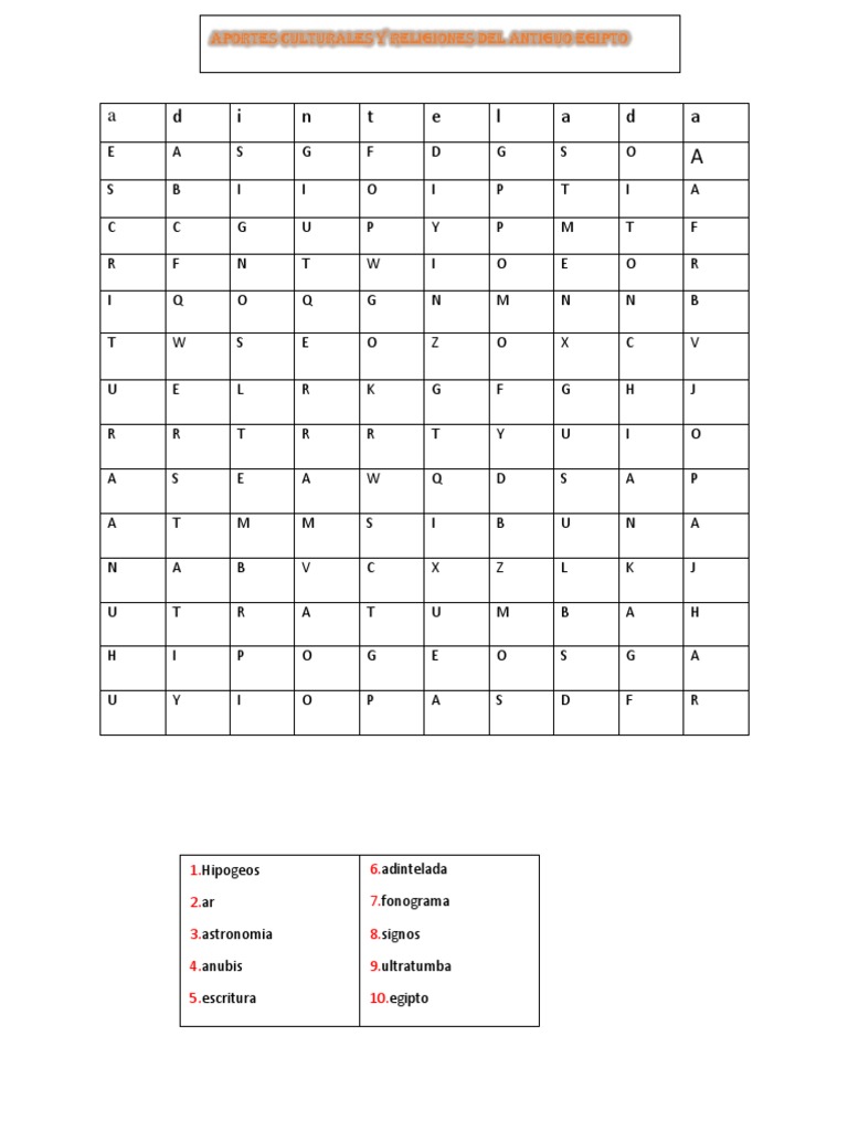 Sopa Letras Antiguo Egipto Aporte Culturales y Religiones | PDF