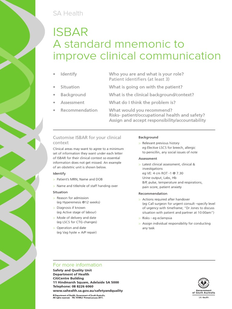 ISBAR A Standard Mnemonic To Improve Clinical Communication PDF | PDF ...