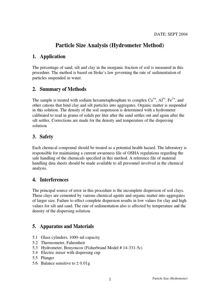 Particle Size Analysis (Hydrometer Method) : 1. Application | PDF