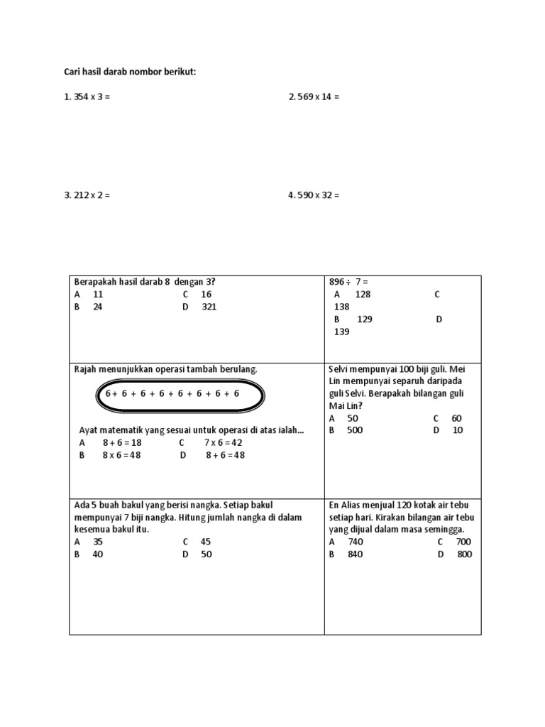 Cari Hasil Darab Nombor Berikut | PDF