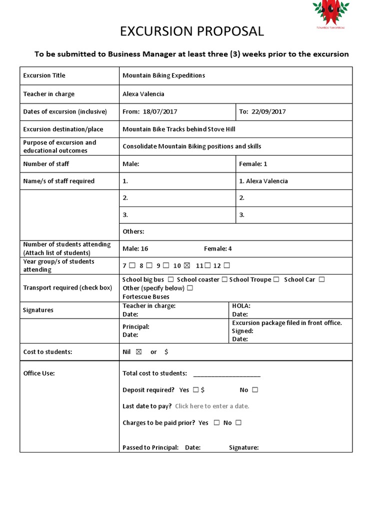 Excursion Proposal: To Be Submitted To Business Manager at Least Three ...