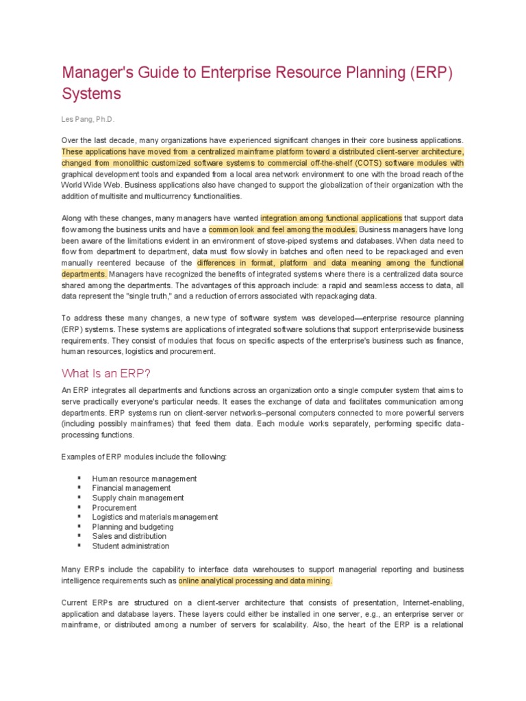 ERP - Manager's Guide To Enterprise Resource Planning (ERP) Systems ...