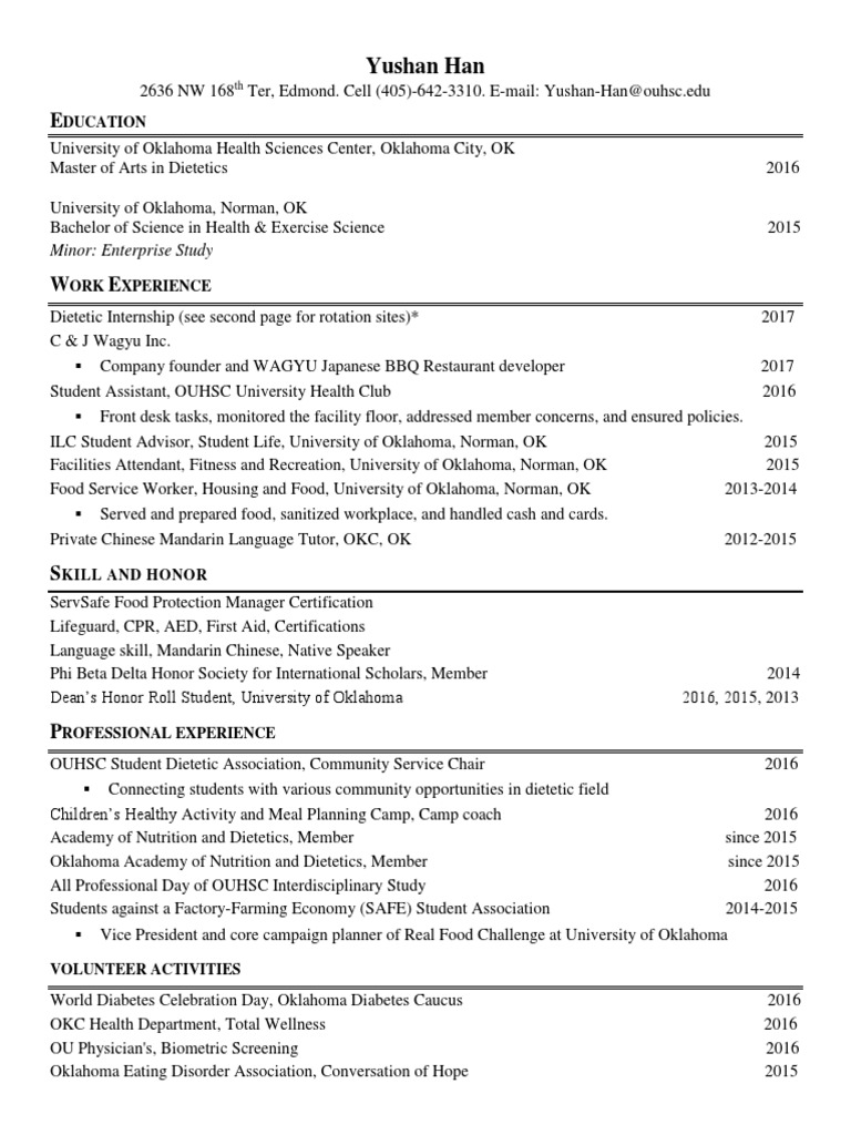 resume | University Of Oklahoma | Dietitian