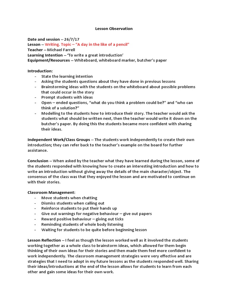 Writing Lesson Observation Summary | PDF