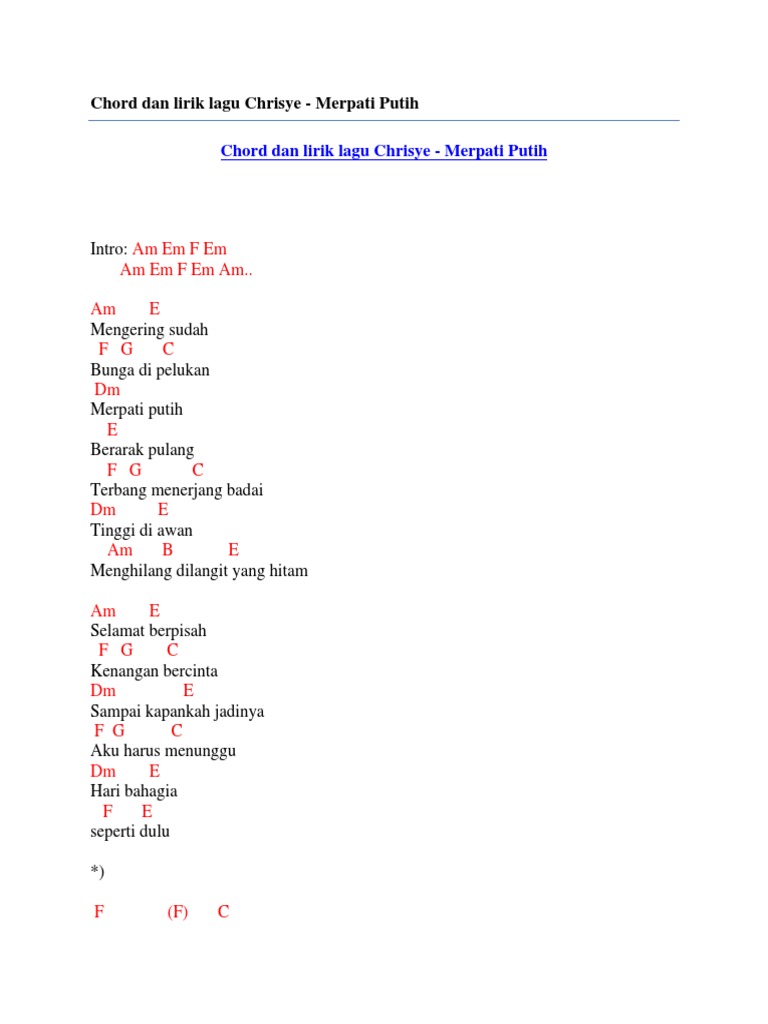 Chord Dan Lirik Lagu Chrisye - Merpati Putih | PDF