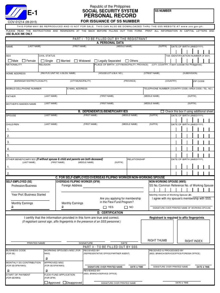 SSS Personal Record Form E-1 | PDF