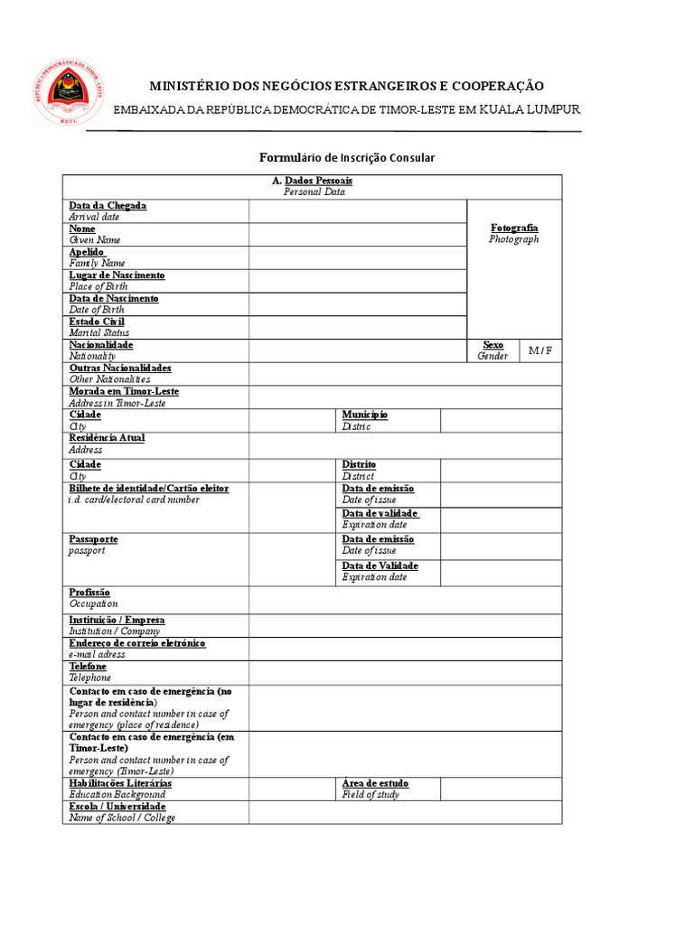 Formulario de Inscricao Consular | PDF | Documentos oficiais | Política ...