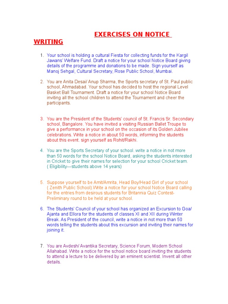 Notice Writing Exercises for Students | PDF