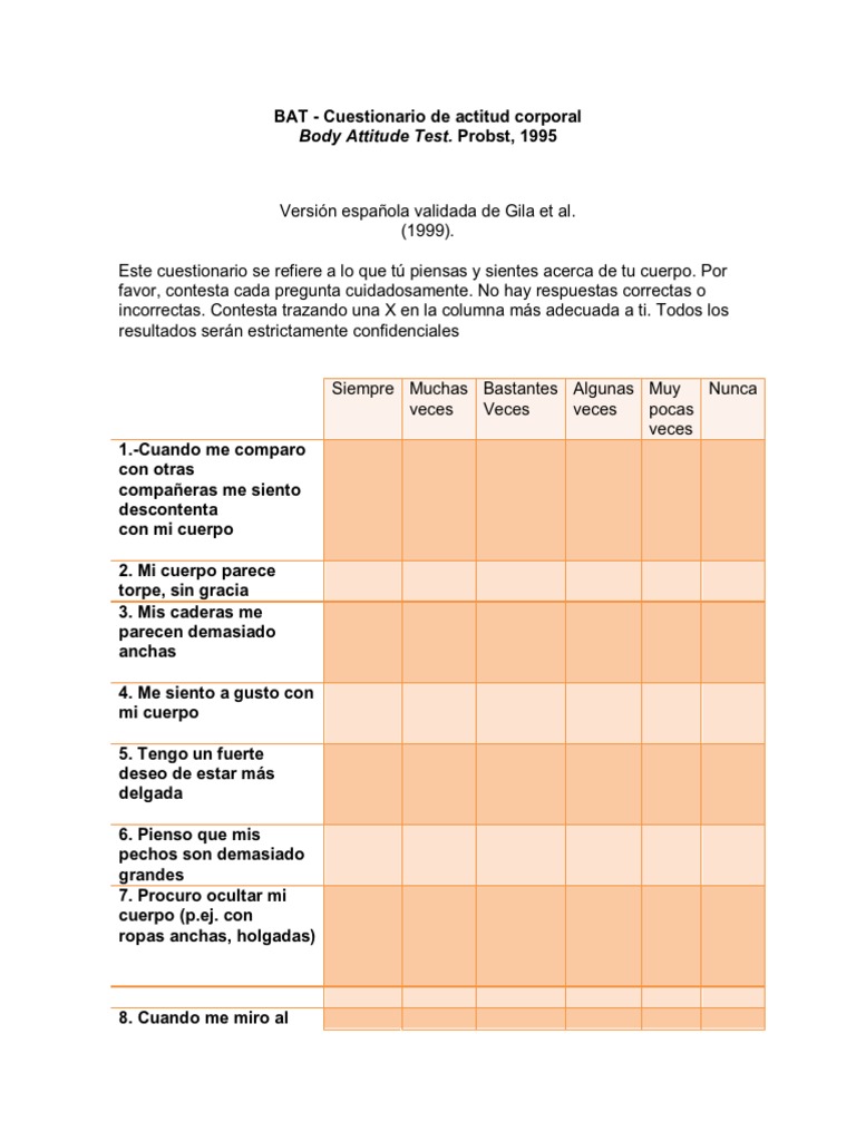 Cuestionario de La Actitud Corporal Cac | PDF