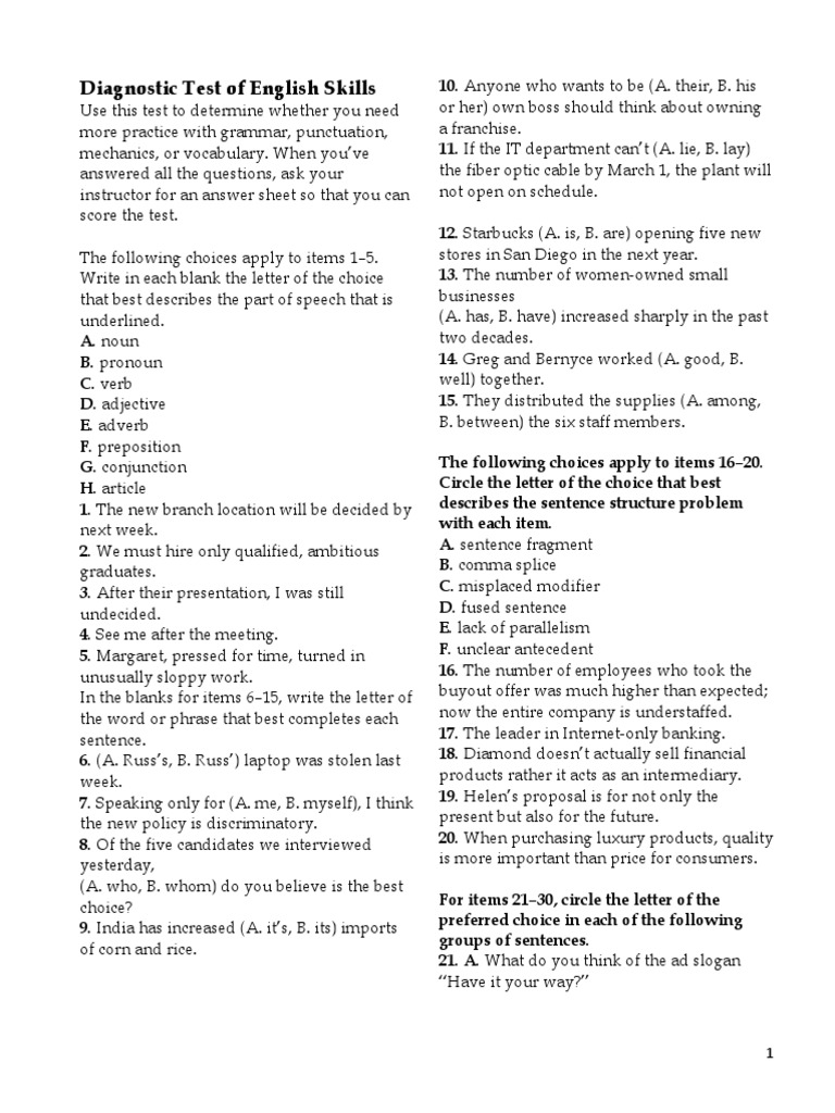 Diagnostic Test | PDF | Part Of Speech | Grammar