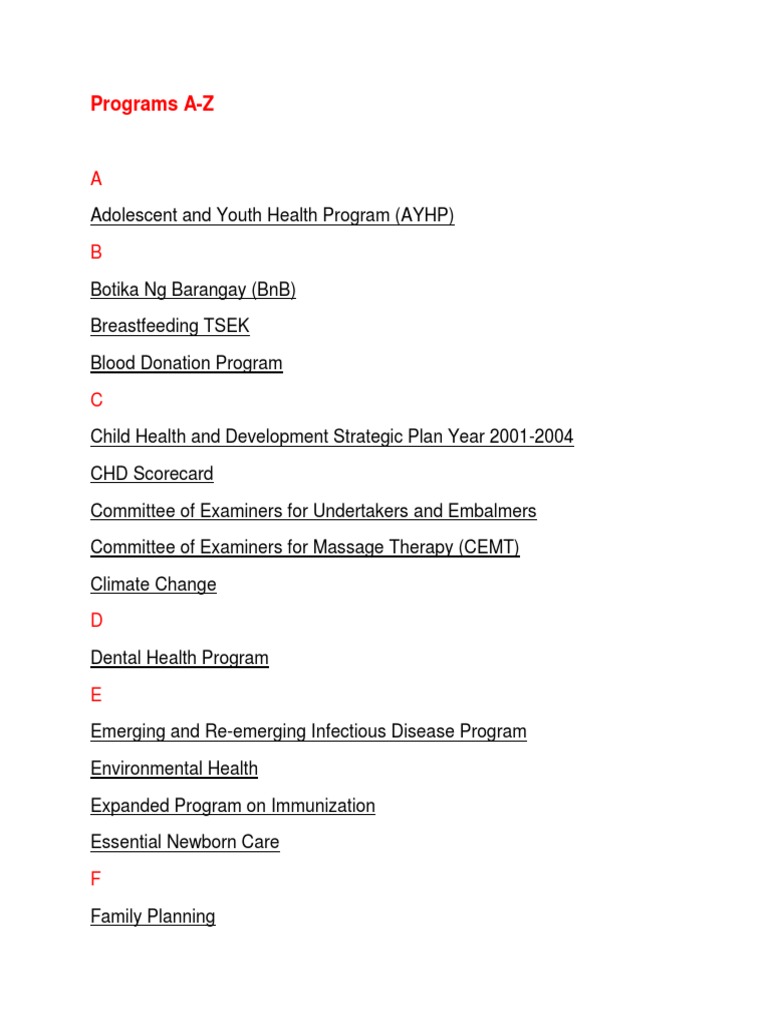 DOH Programs A-Z | PDF | Preventive Healthcare | Family Planning