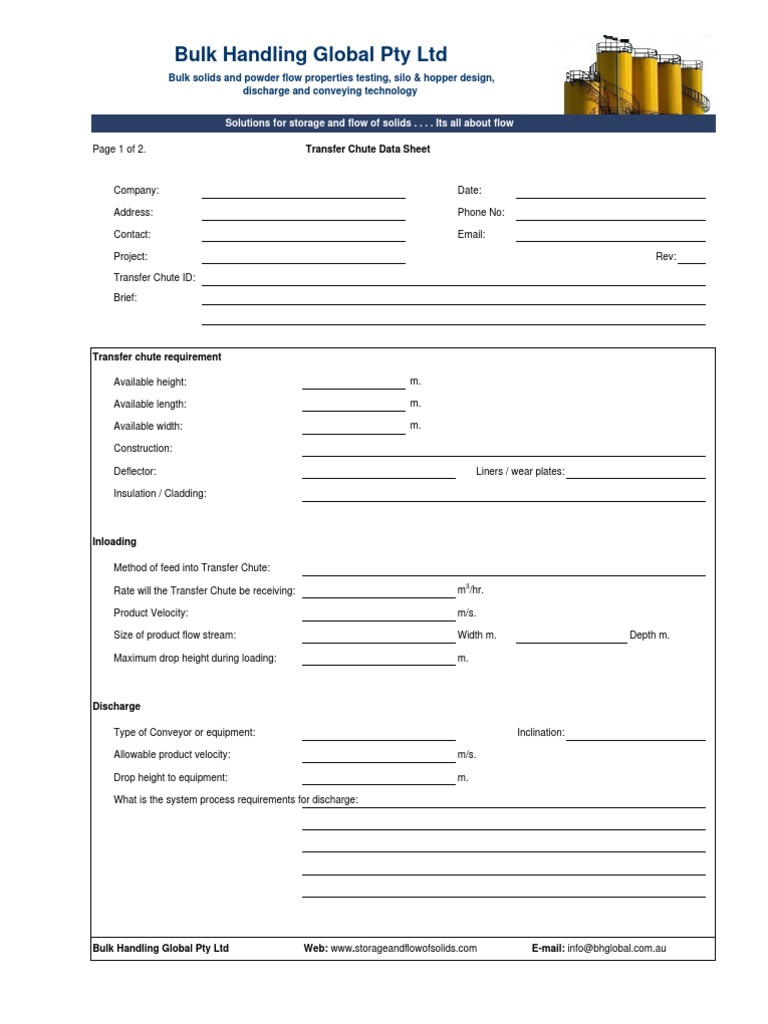 Bulk Handling Global Pty LTD: Transfer Chute Data Sheet | PDF | Solid ...