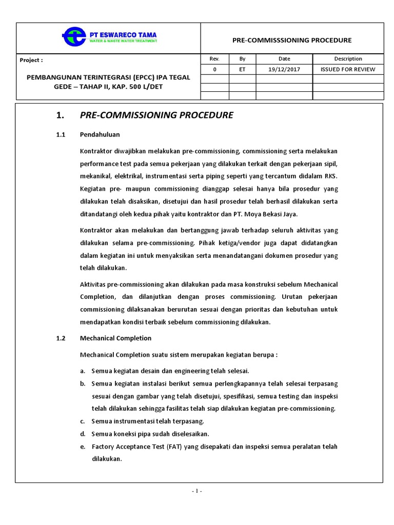 Prosedur Pre-Commissioning IPA Tegal | PDF
