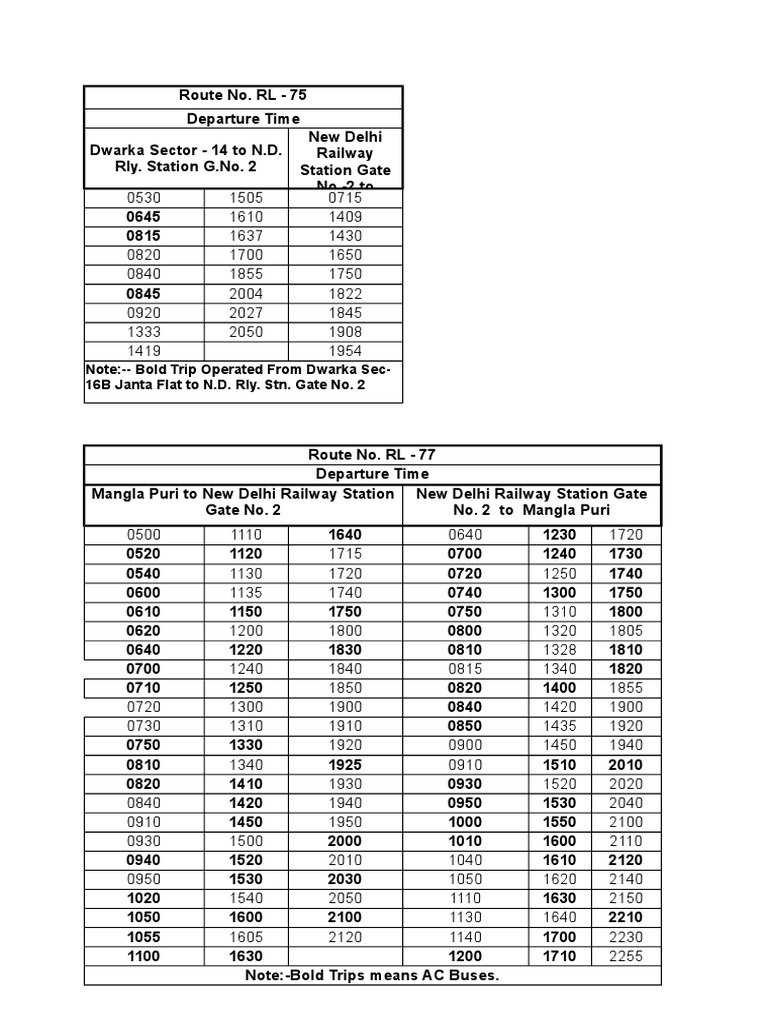 Time Table of DTC Bus Routes (City Service)