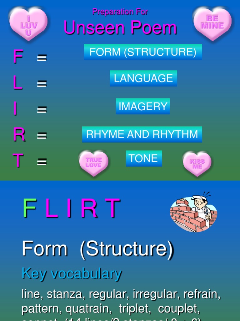 Unseen Poem F L I R T: Form (Structure) Language Imagery Rhyme and ...