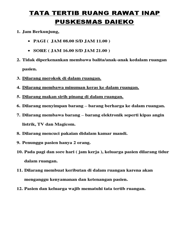 Tata Tertib Ruang Rawat Inap Puskesmas Daieko | PDF