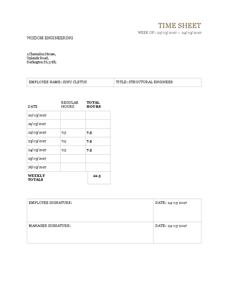 Time Sheet: Wisdom Engineering | PDF