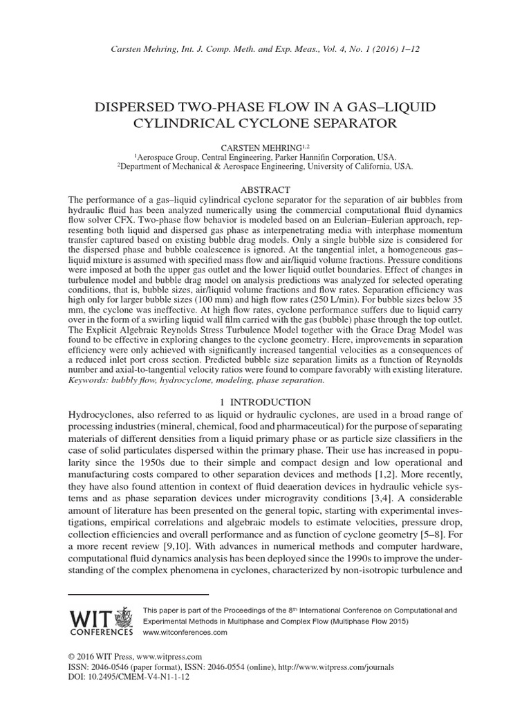Dispersed Two-Phase Flow in A Gas-Liquid Cylindrical Cyclone Separator ...