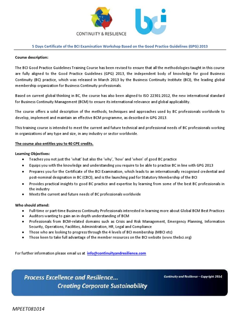 5 Days Certificate of The BCI Examination Workshop Based On The Good ...