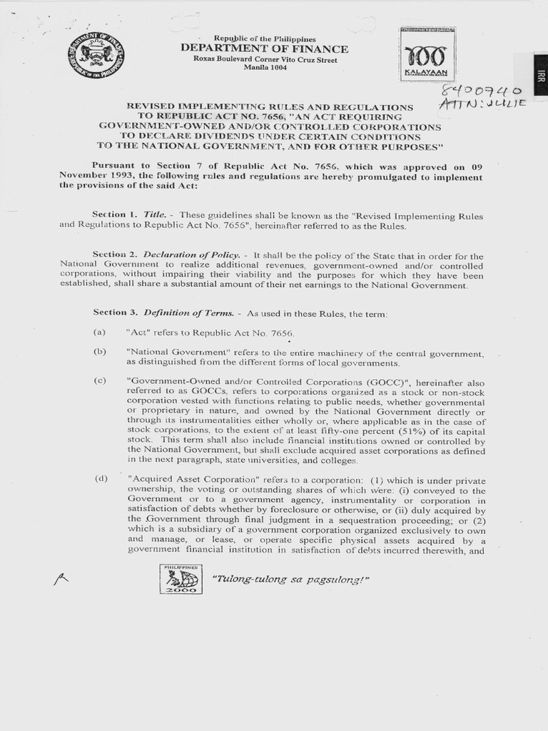 Implementing Rules and Regulations To Republic Act No. 7656 | PDF