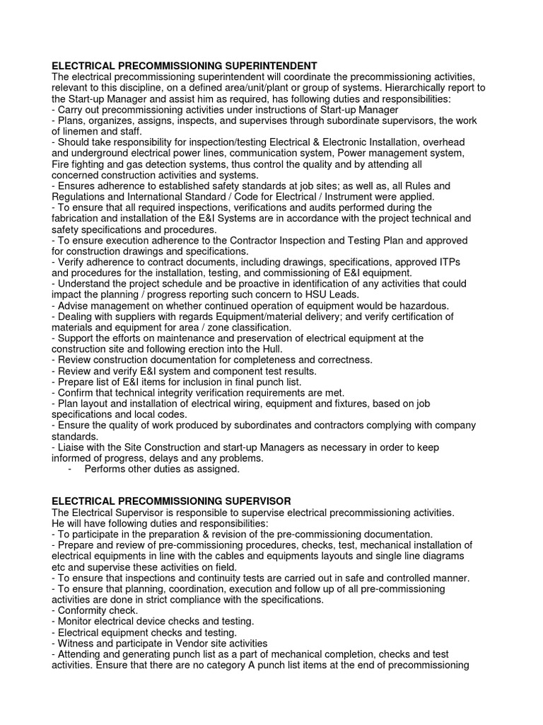 Job Descriptions Pre Commissioning Commissioning | PDF | Safety ...