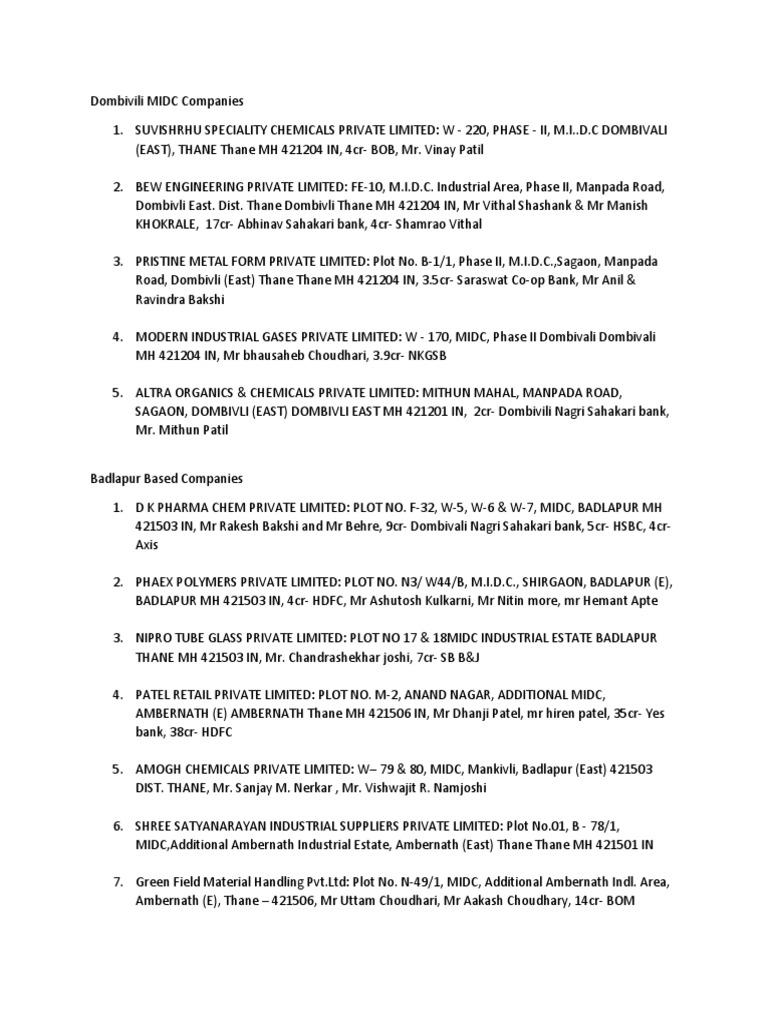 Dombivli and Badlapur MIDC Companies List | PDF | Business