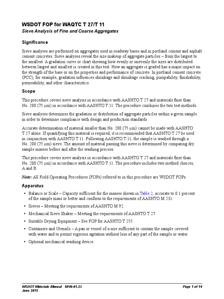 AASHTO T27-T21 Sieve Analysis of Fine and Coarse Aggregates PDF | PDF