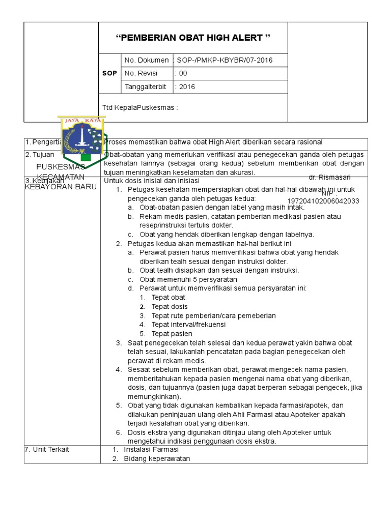Sop Pemberian Obat High Alert | PDF