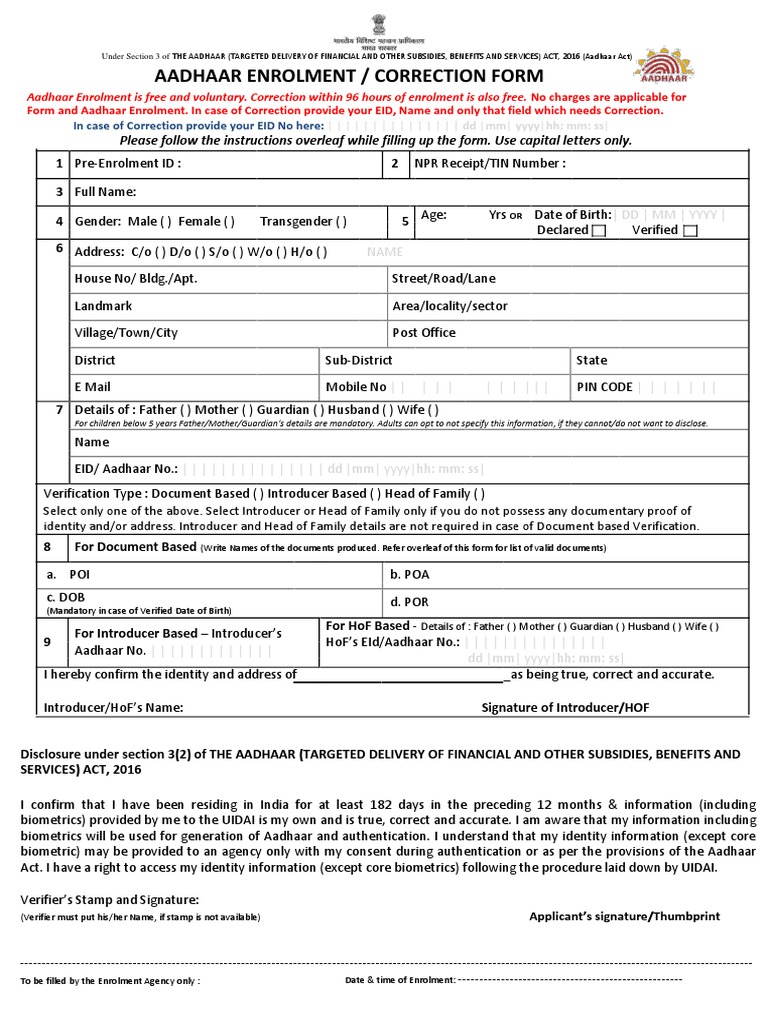 Aadhaar Enrolment Correction Form Version | PDF | Identity Document ...
