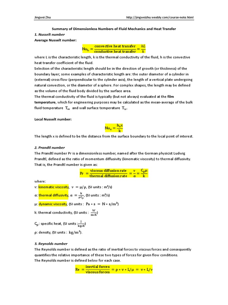 Summary of Dimensionless Numbers of Fluid Mechanics and Heat Transfer ...