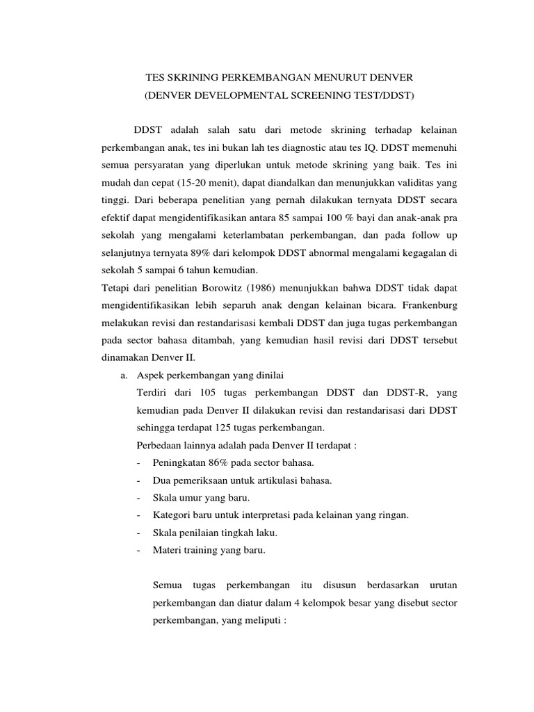 Tes Skrining Perkembangan Menurut Denver | PDF | Karier & Perkembangan ...