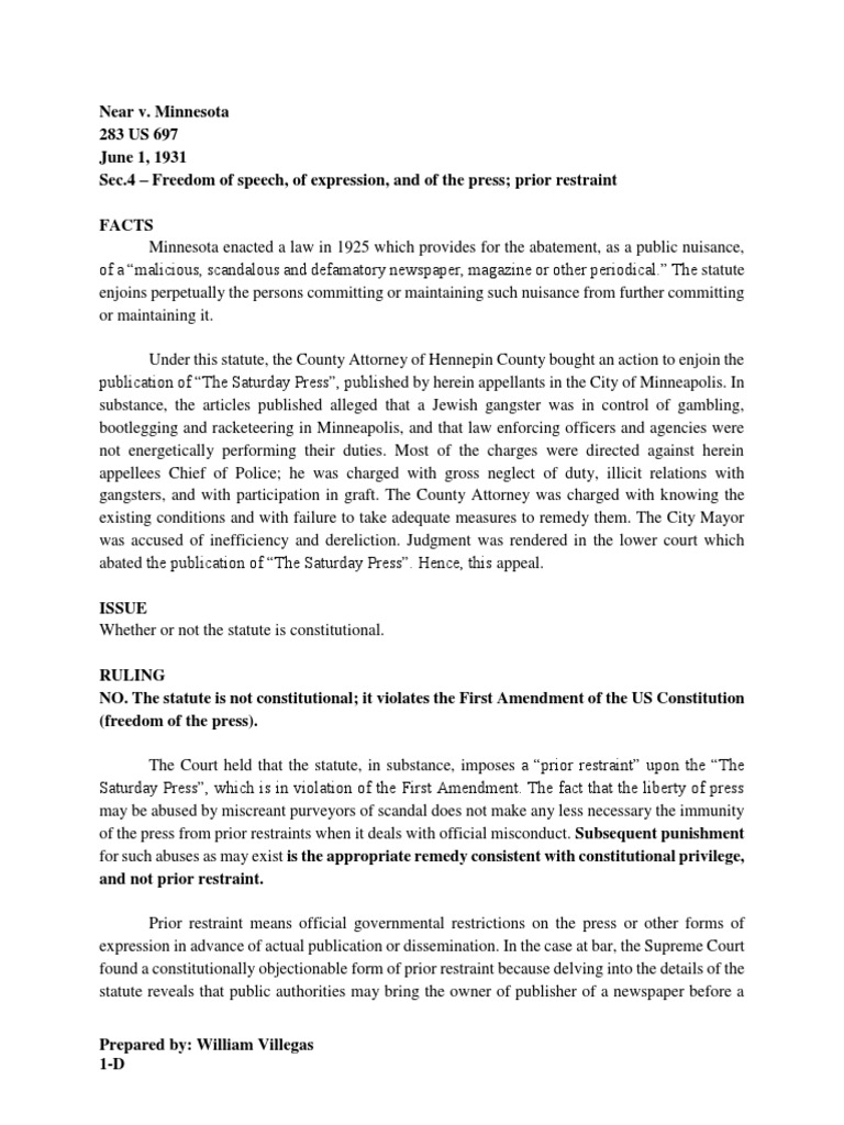 Near v. Minnesota | PDF | Prior Restraint | Justice
