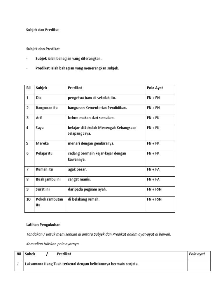 Latihan Subjek Dan Predikat | PDF