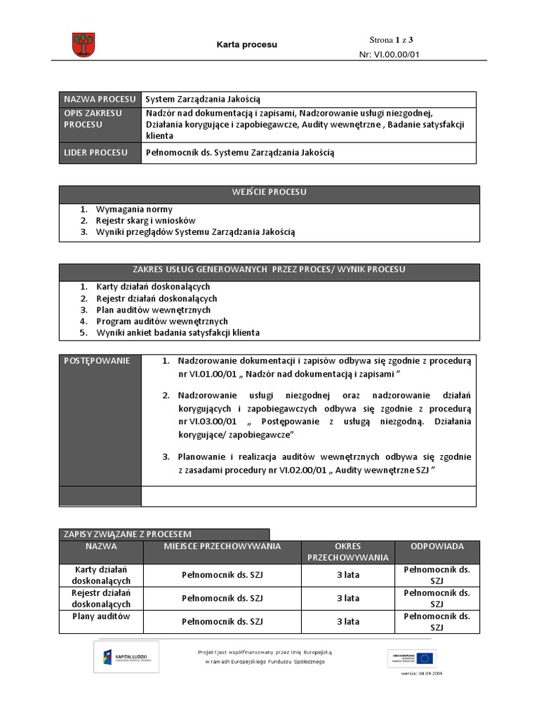 KARTA PROCESU System Zarządzania Jakością | PDF