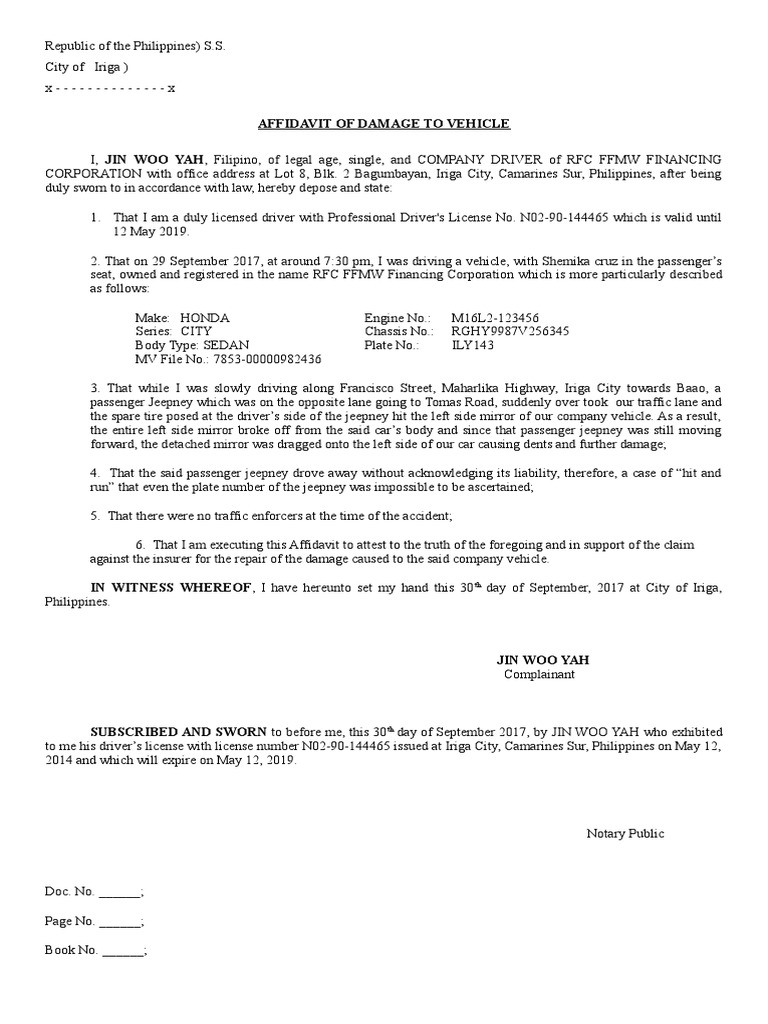 Affidavit of Damage To Vehicle | PDF | Vehicles | Traffic